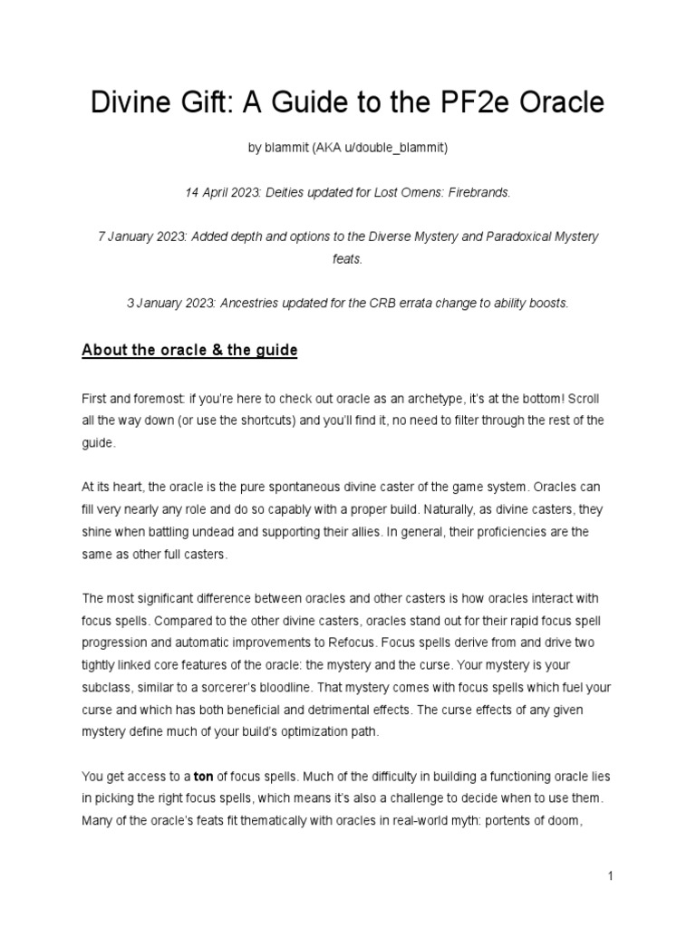 Divine Gift - A Guide To The PF2e Oracle | PDF