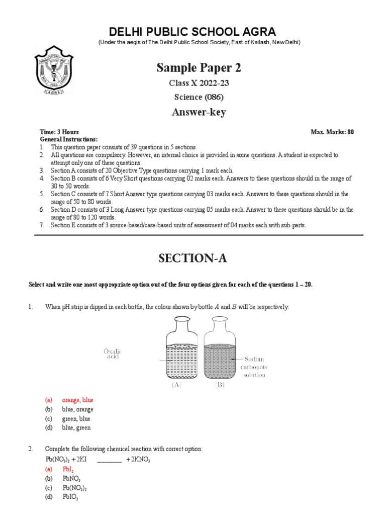 1.12.22 ANSWER KEY SAMPLE PAPER2 GRADE X 202223.docx 1 | PDF | Dominance (Genetics) | Chemistry