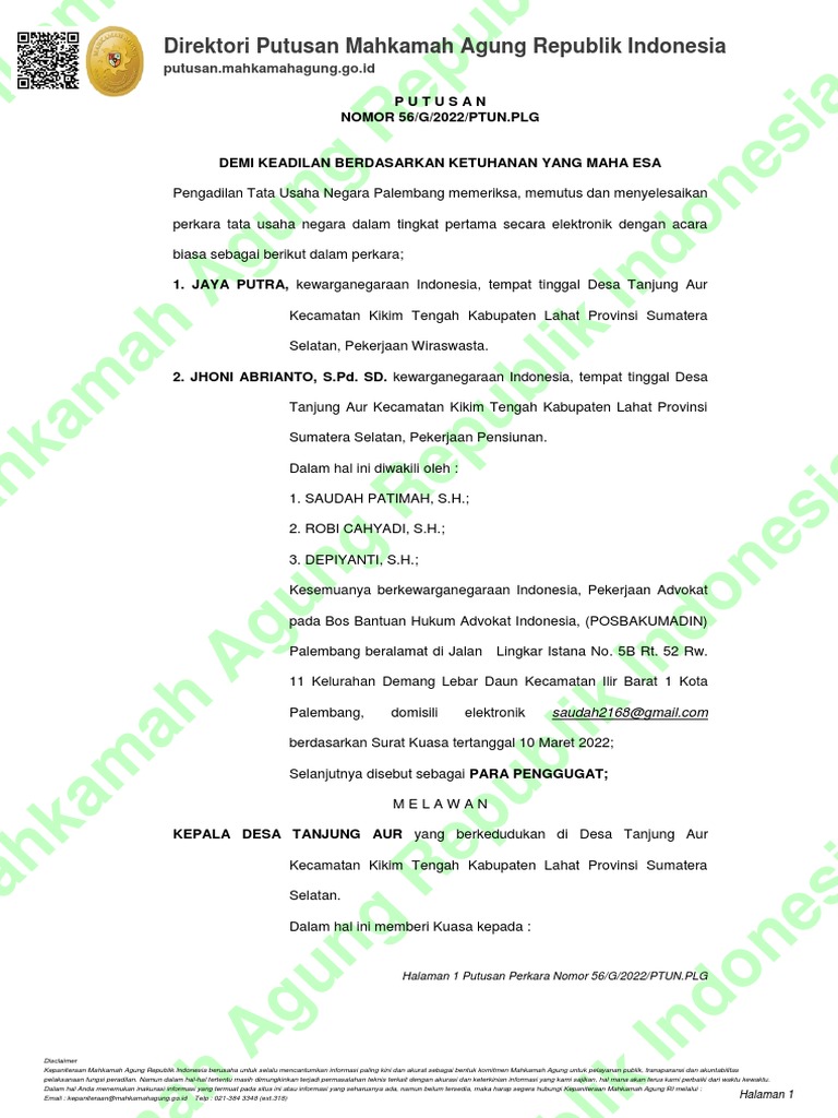 Putusan 56 G 2022 Ptun - PLG 20230101211721 | PDF