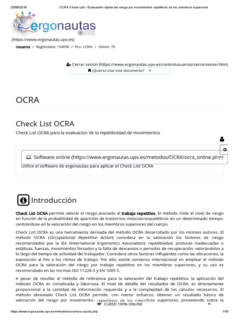 OCRA Check-List - Evaluación Rápida Del Riesgo Por Movimientos ...