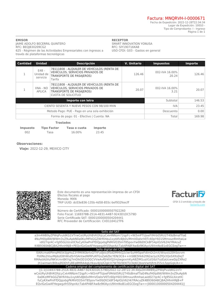 Factura: MNQRVH-I-0000671: Emisor Receptor | PDF | Economias | Pagos