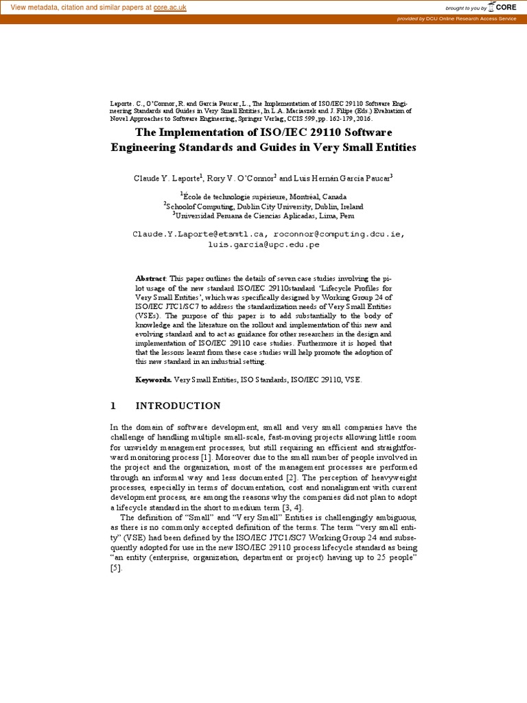 The Implementation of ISO/IEC 29110 Software Engineering Standards and Guides in Very Small ...
