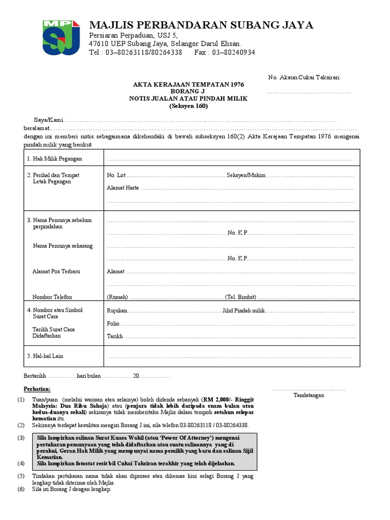 Borang J (Notis Jualan Atau Pindah Milik) MPSJ | PDF