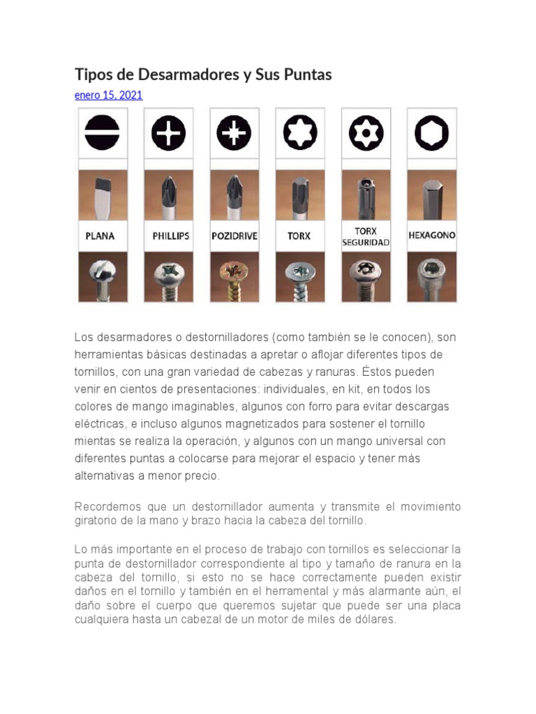 Tipos de Destornilladores y Sus Puntas | PDF | Tornillo | Bienes ...