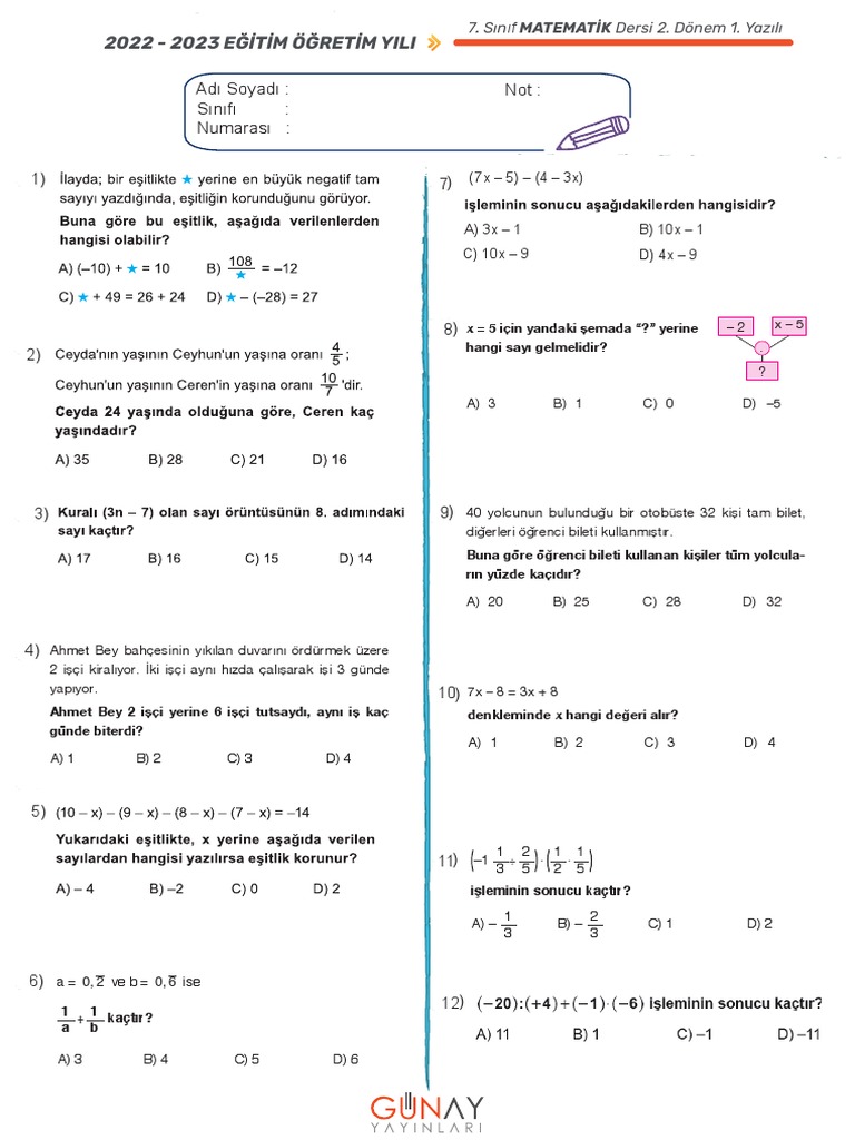 Gunay Yayinlari 2. Donem 1. Yazili 7. Sinif Matematik | PDF