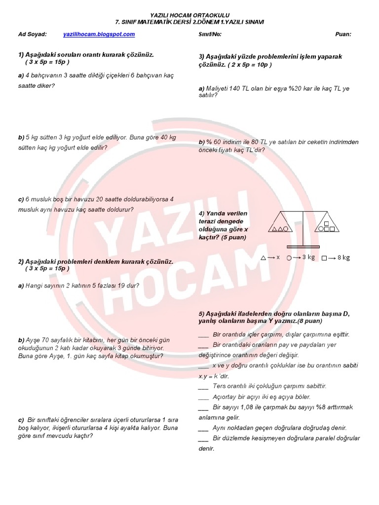 yazilihocam.blogspot.com-----------7.SINIF MATEMATİK 2.DÖNEM 1.YAZILISI-3 | PDF