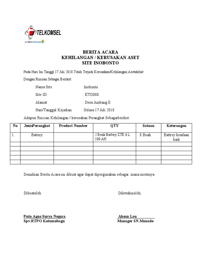 Format BA Kehilangan Atau Kerusakan | PDF
