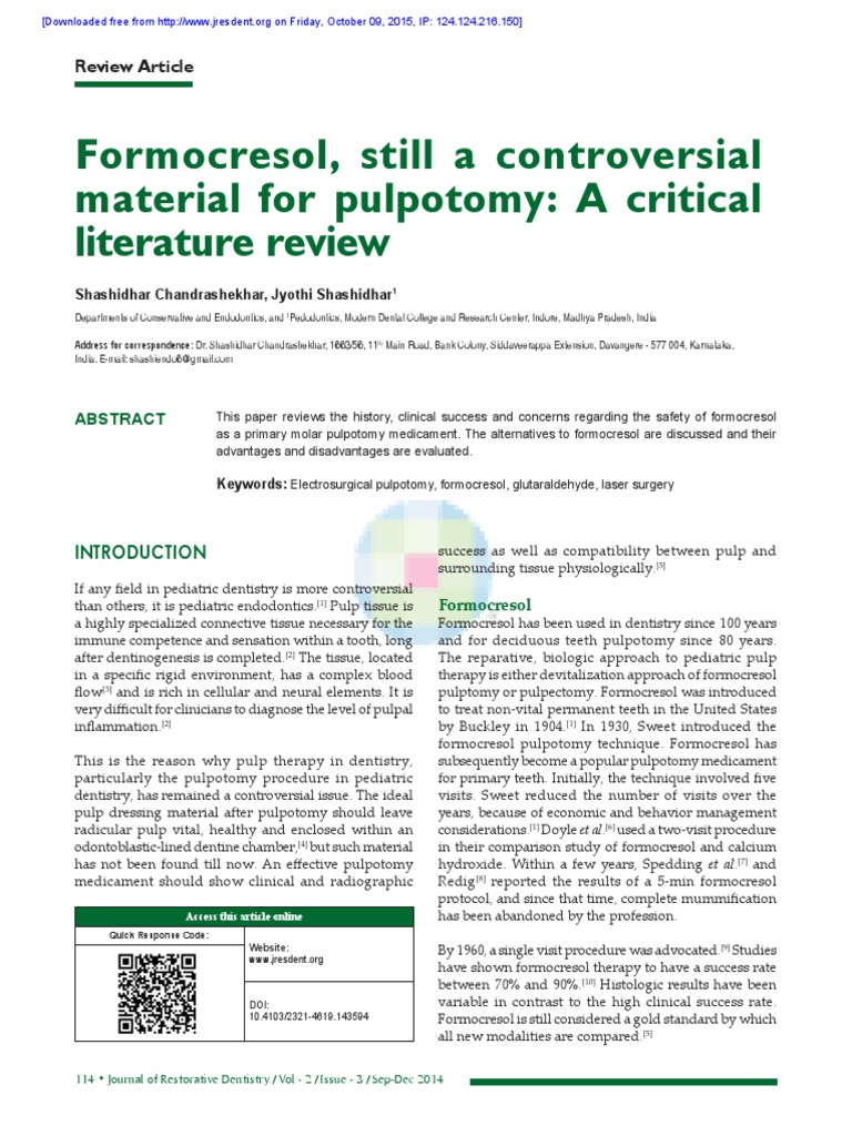 Formocresol in Pulpotomy: A Review | PDF | Medical Specialties ...