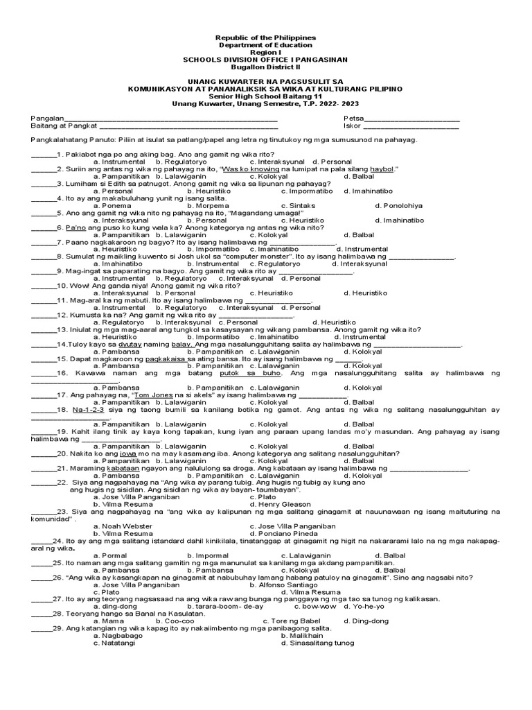 1st Quarter Exam in Komunikasyon New Version | PDF