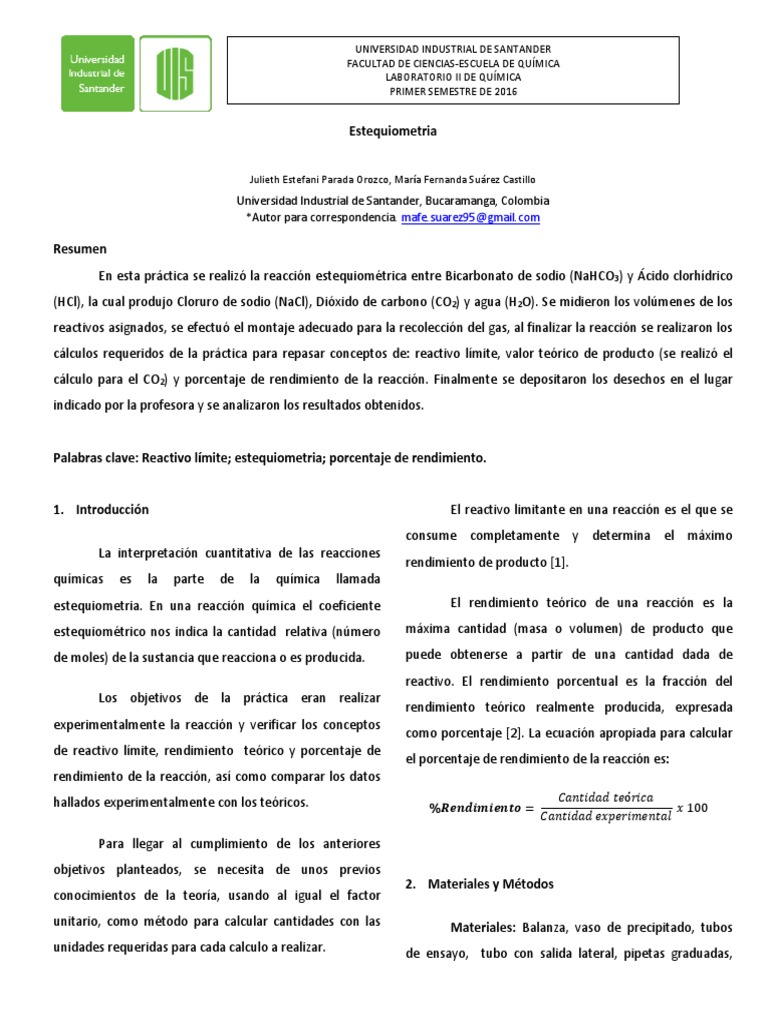 Lab II de Quimica Informe 4 Estequiometr | PDF | Estequiometría | Reacciones químicas