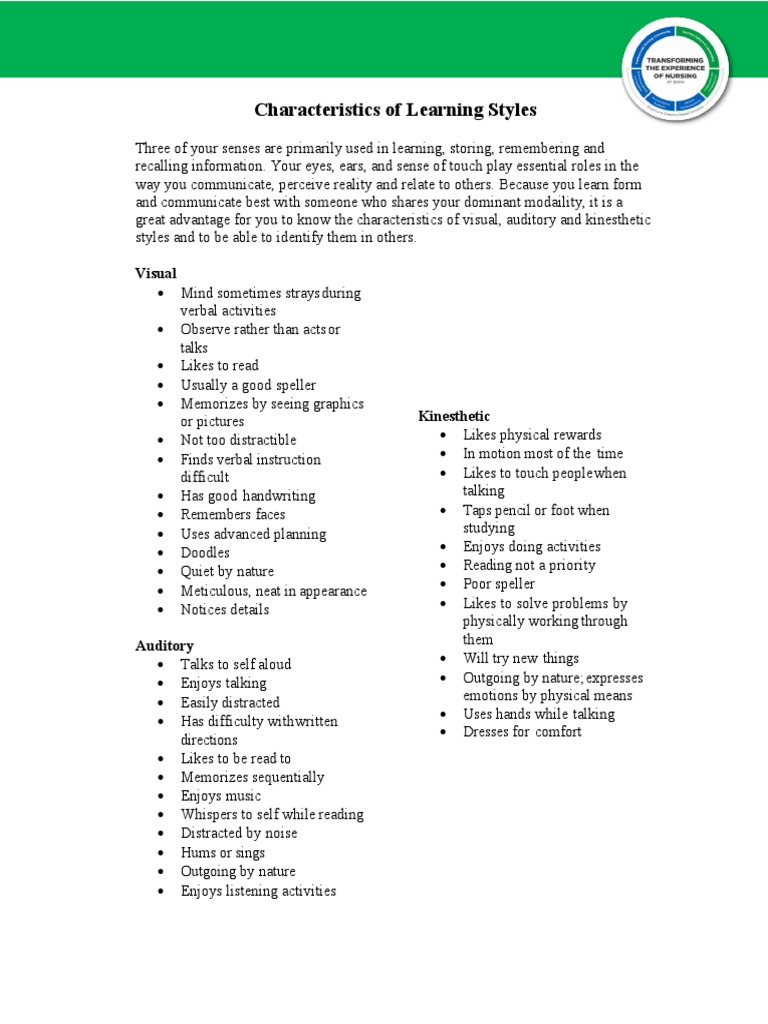 Characteristics of Learning Styles | PDF | Flashcard | Cognition