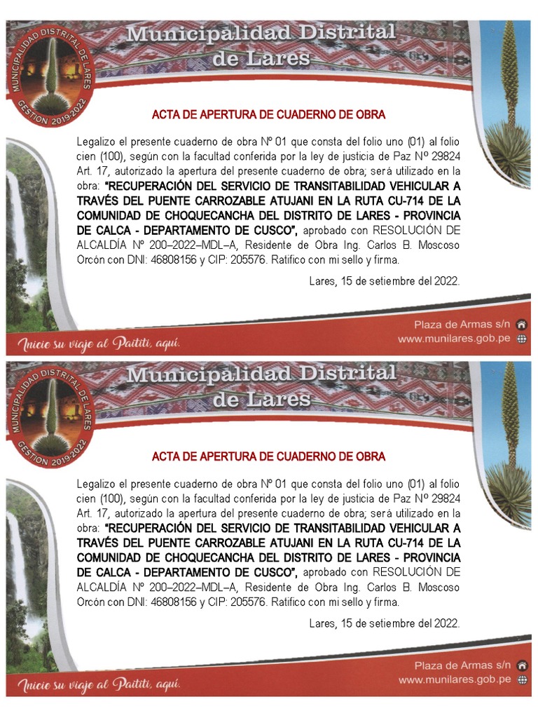 Acta de Apertura de Cuaderno de Obra | PDF