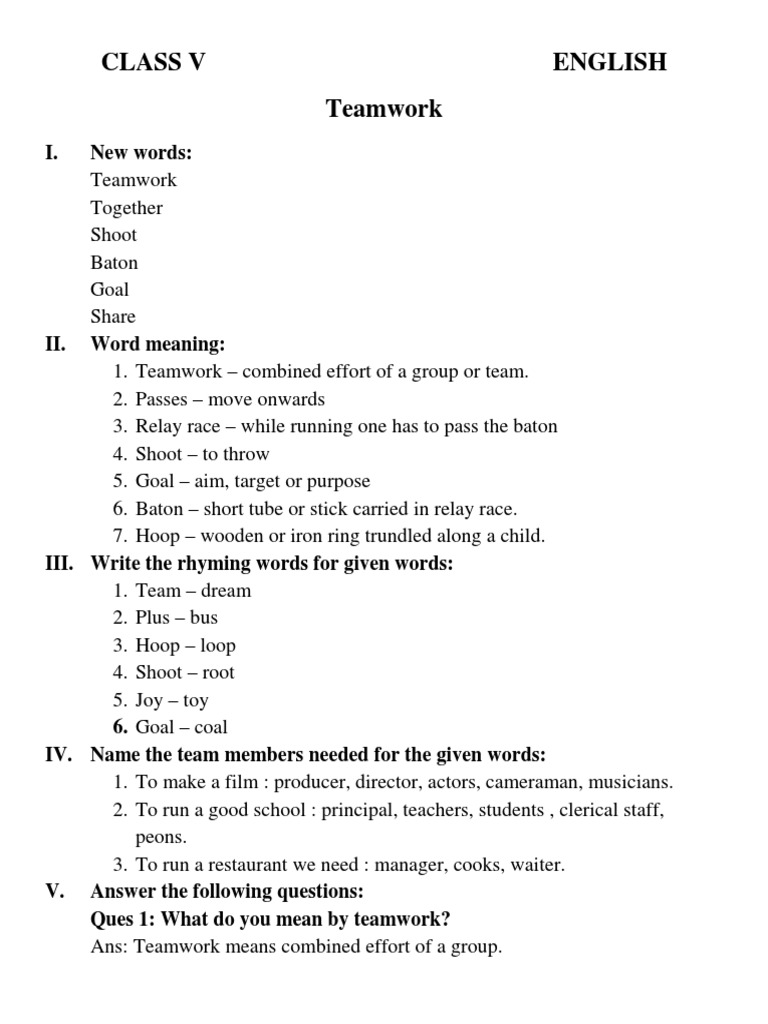 Teamwork Concepts for Class 5 | PDF