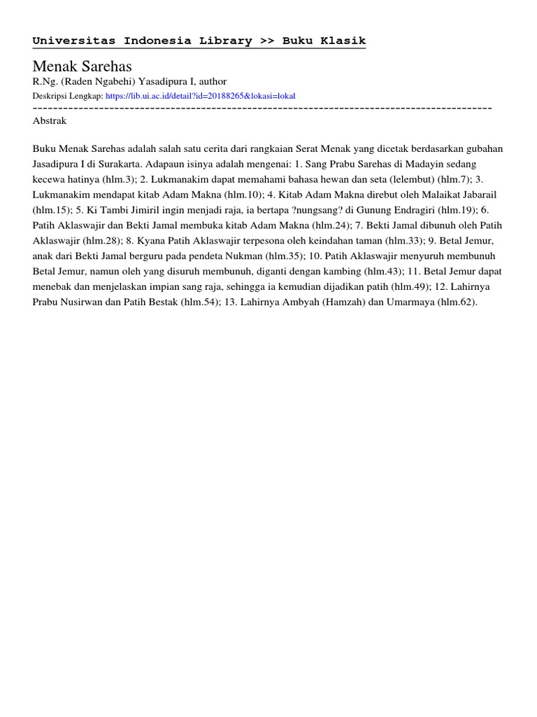 Menak Sarehas: Universitas Indonesia Library Buku Klasik | PDF