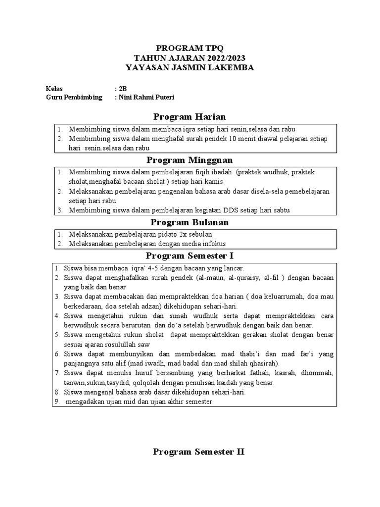 Program Dan Target TPQ II B | PDF