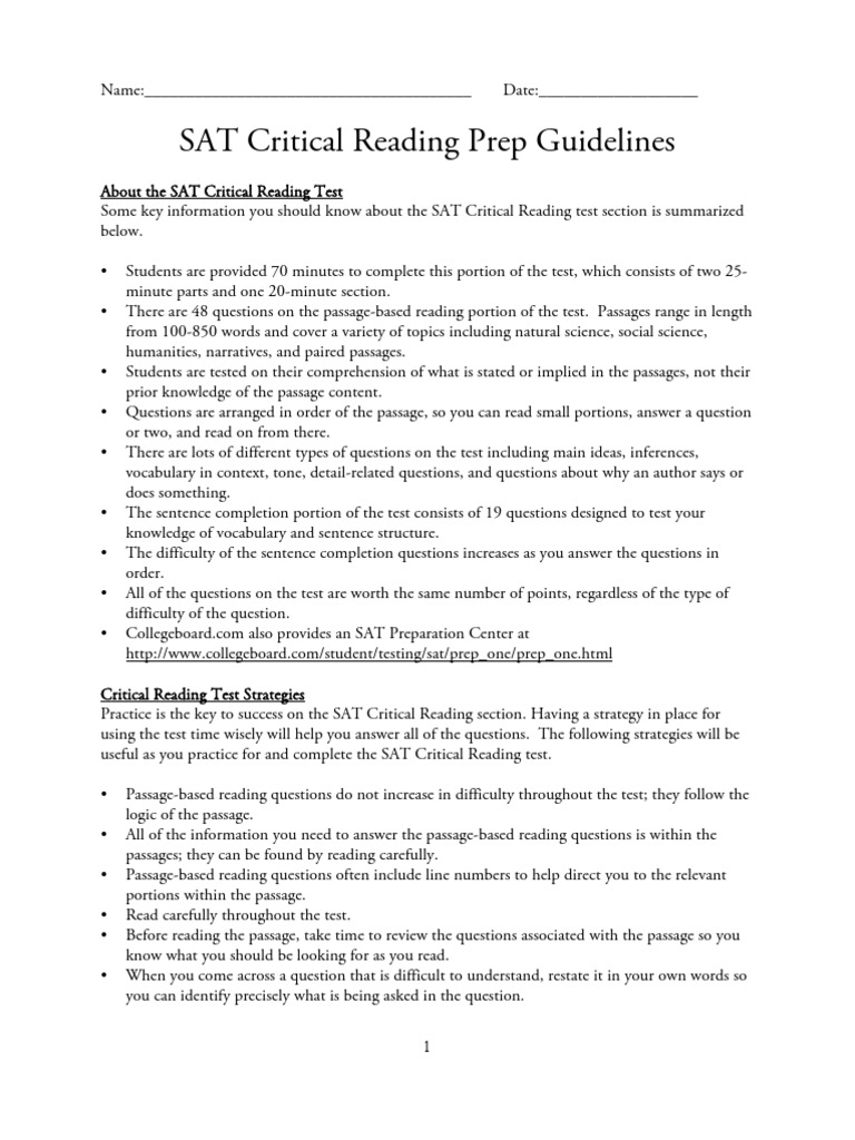 SAT Critical Reading Prep Guidelines | PDF | Sat