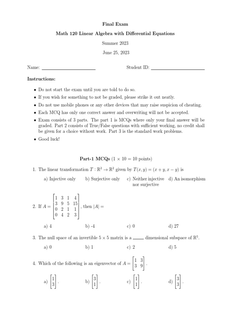 Math 120 Final | PDF | Matrix (Mathematics) | Eigenvalues And Eigenvectors