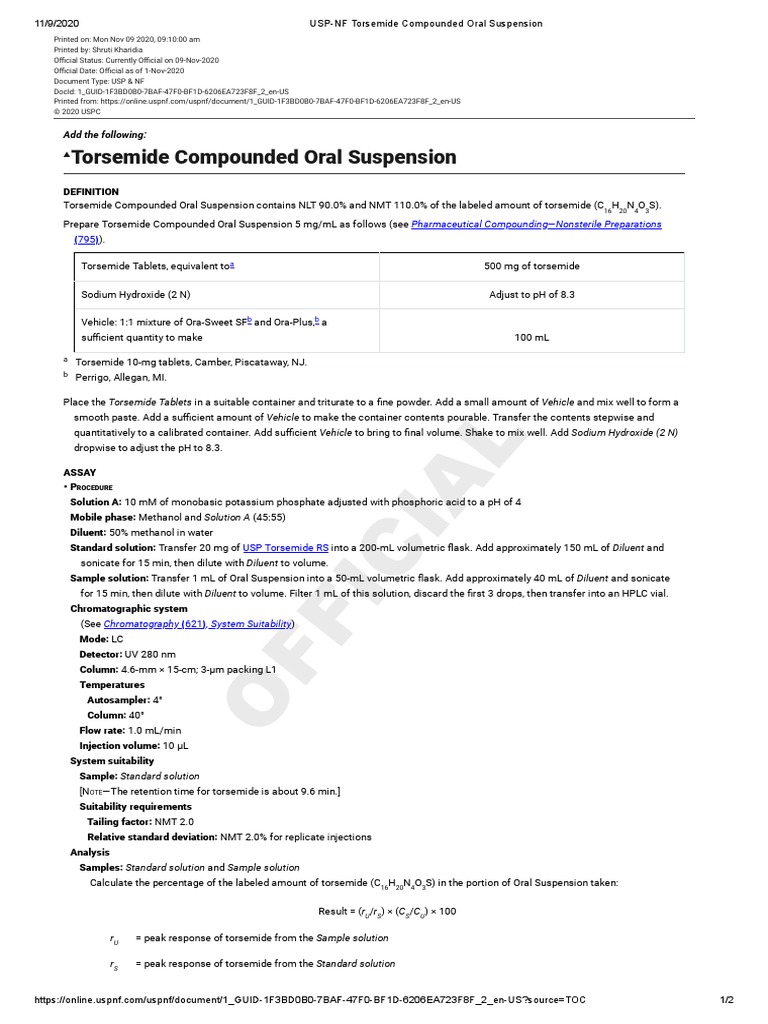 USP-NF Torsemide Compounded Oral Suspension | PDF | High Performance ...