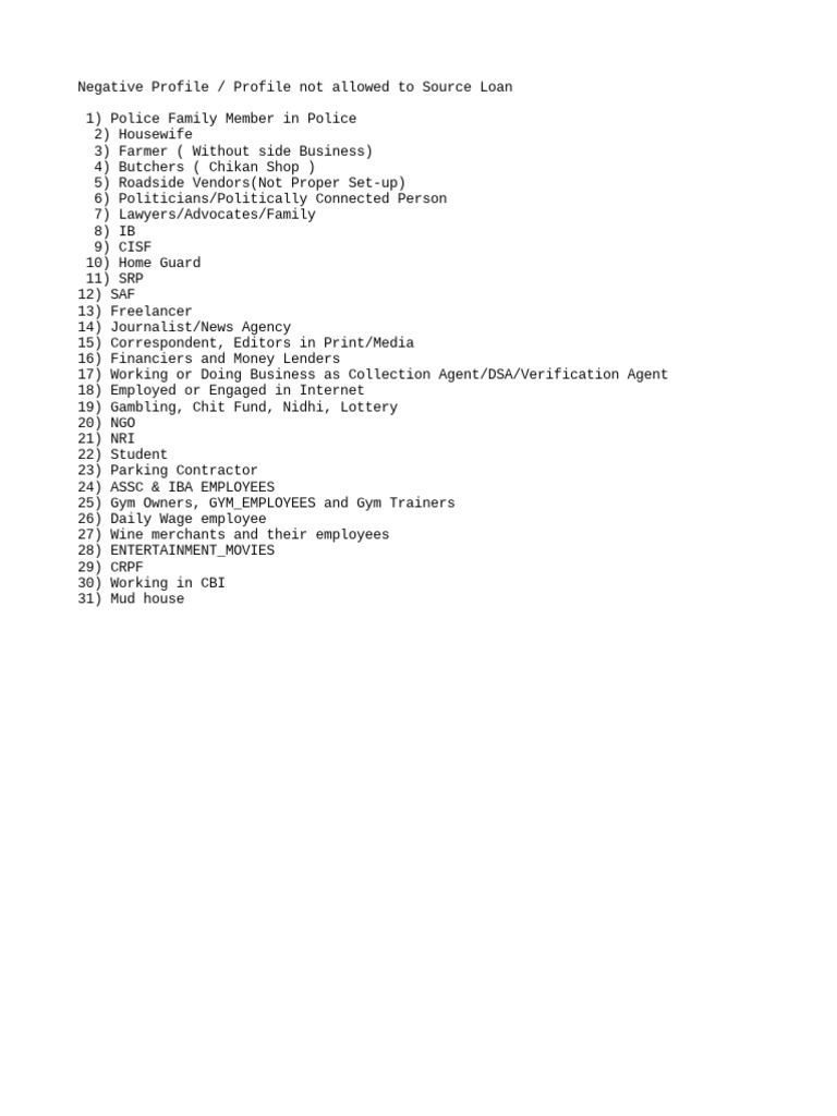 Negative Profile Not Allowed To Source Loan | PDF