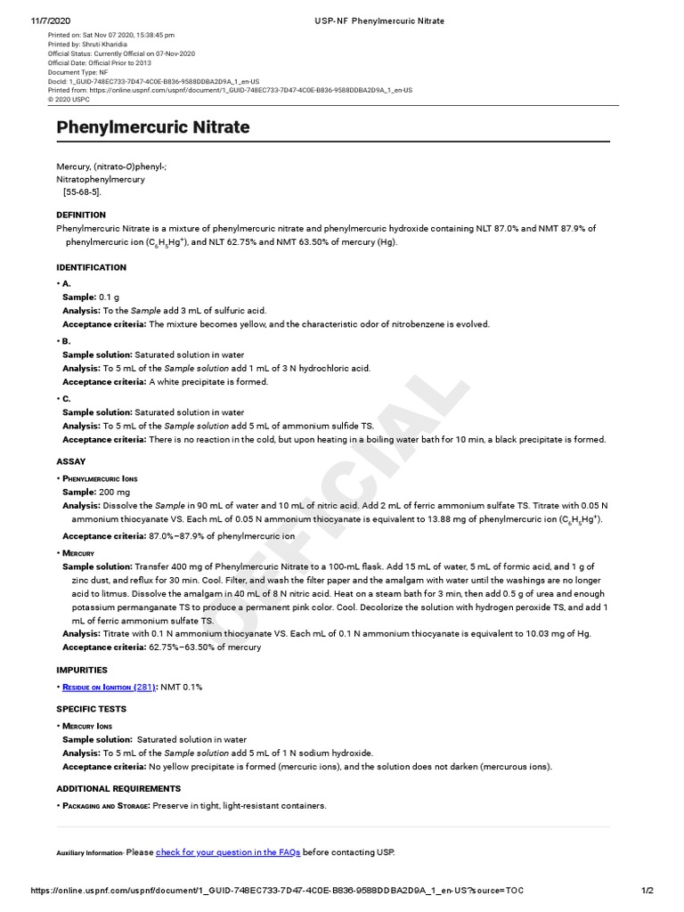 USP-NF Phenylmercuric Nitrate Details | PDF | Ammonium | Acid