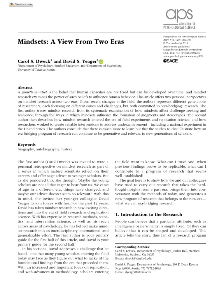 Dweck and Yeager 2019 - Mindsets A View From Two Eras | PDF