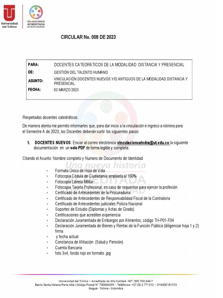 Circular 008 de 2023 Semestre A de 2023 | PDF