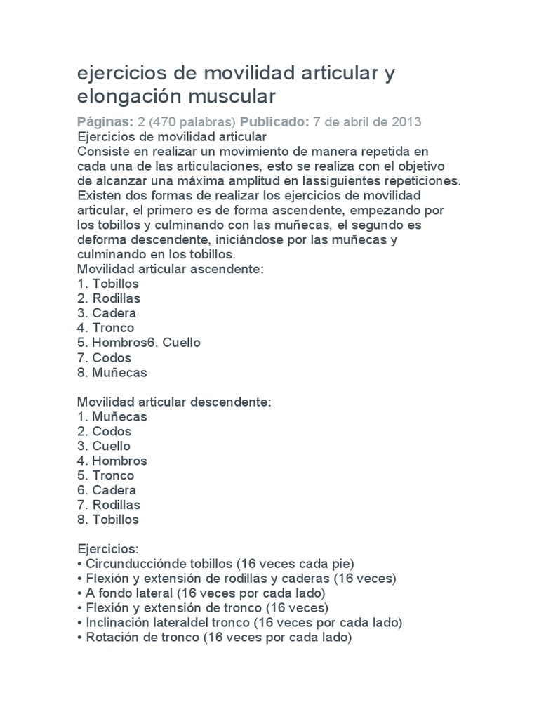 Ejercicios de Movilidad Articular y Elongación Muscular | PDF
