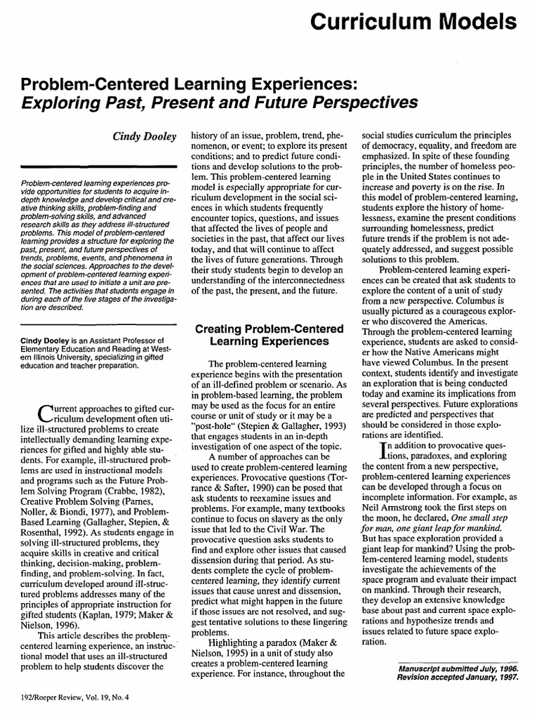 Problem-Centered Learning Experiences - Exploring Past Present and ...