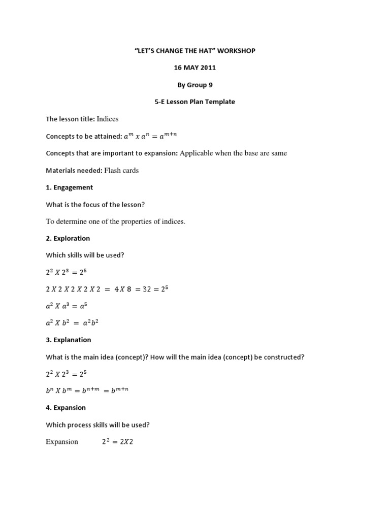 Indices Lesson Plan Workshop Guide | PDF | Self-Improvement