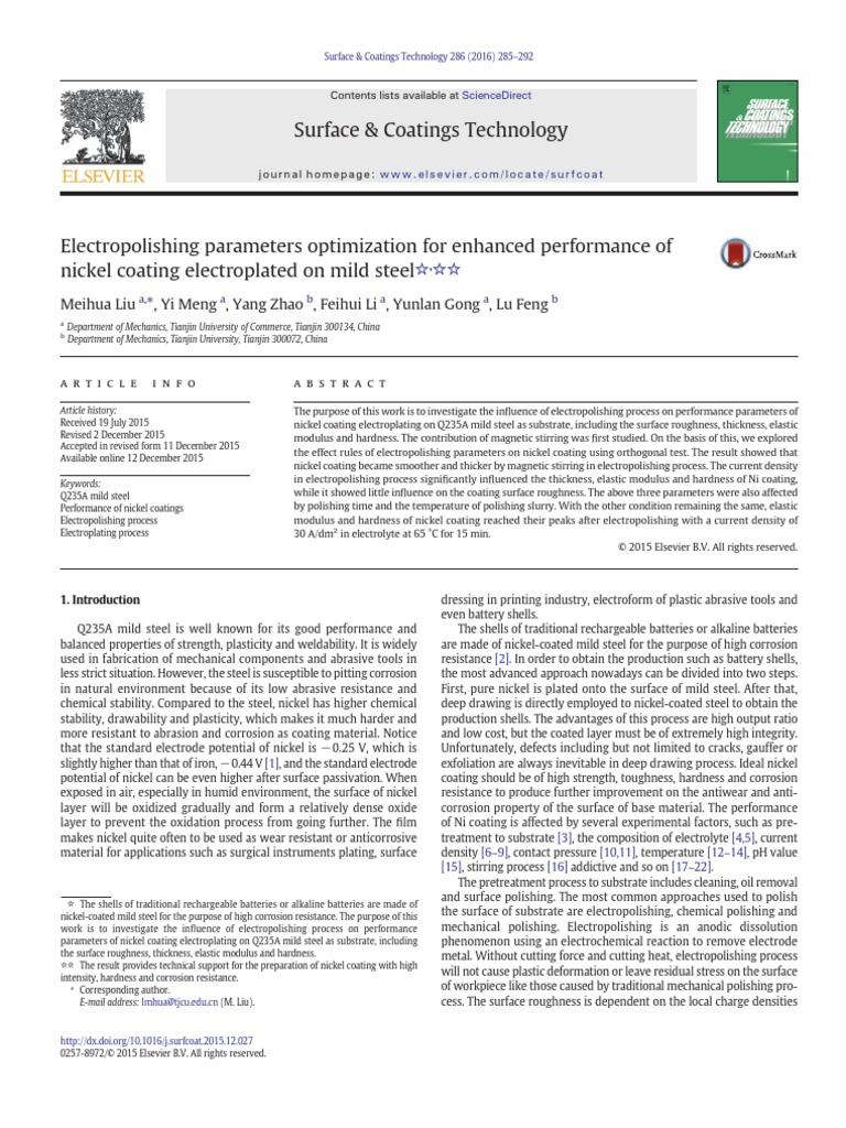 Electropolishing Parameters Optimization For Enhanced Performance of Nickel Coating ...