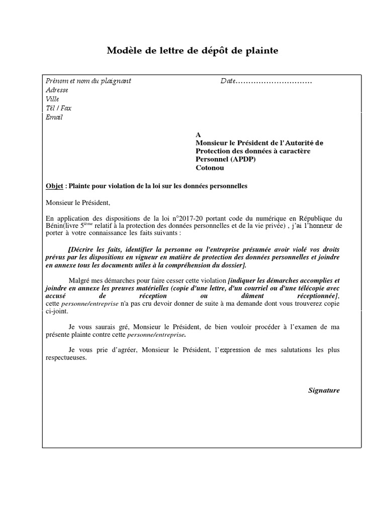 Modèle de Lettre Plainte Validé | PDF