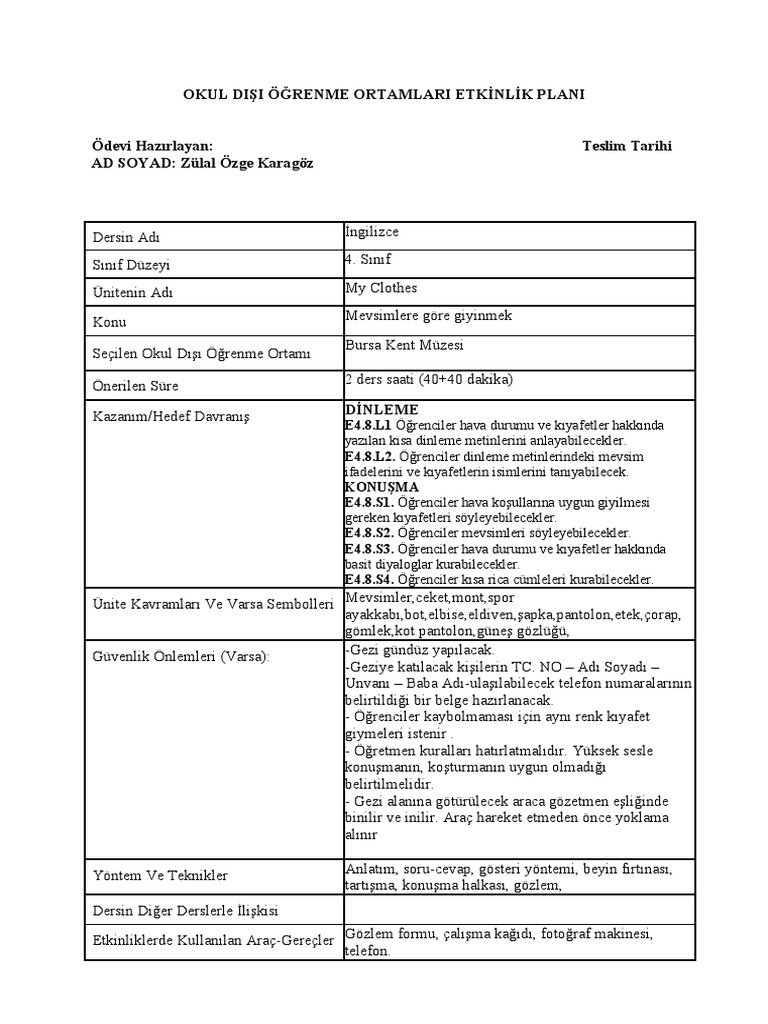 OKUL DIŞI ÖĞRENME ORTAMLARI ETKİNLİK PLANI | PDF