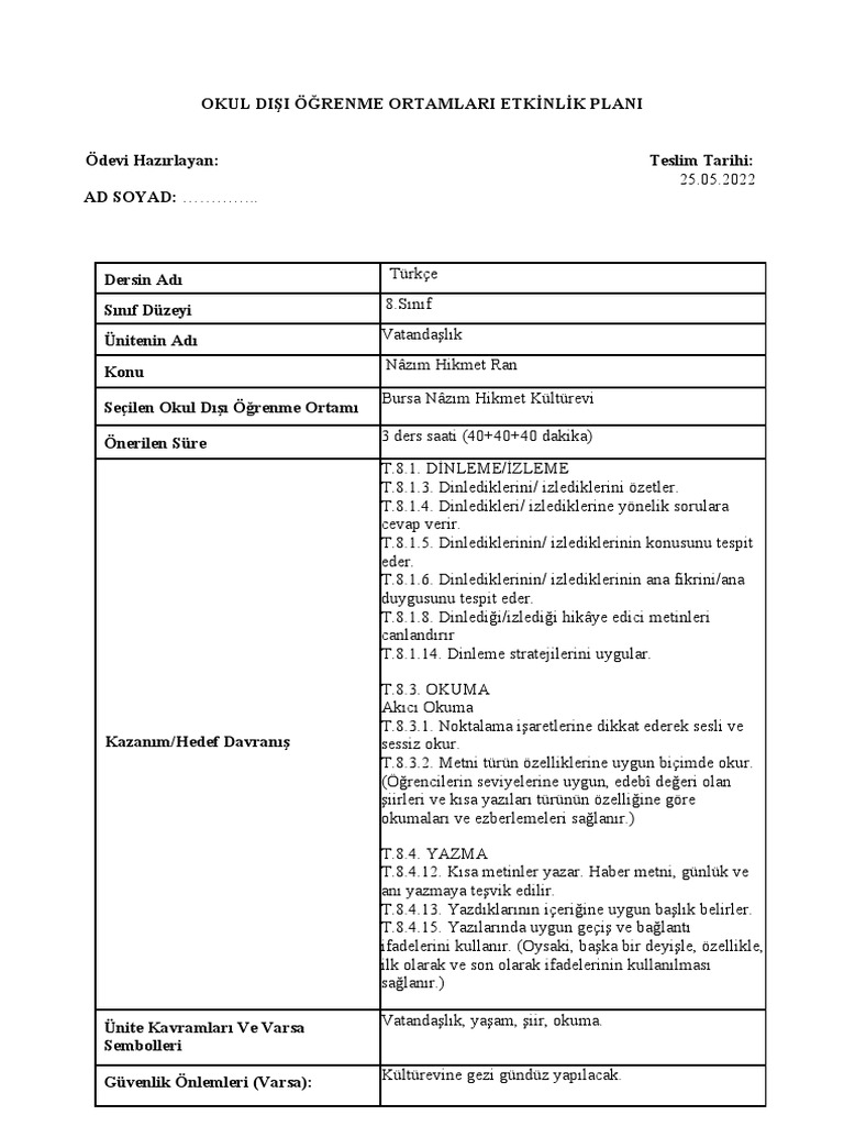 Etkinlik Planı - Örnek-1 | PDF