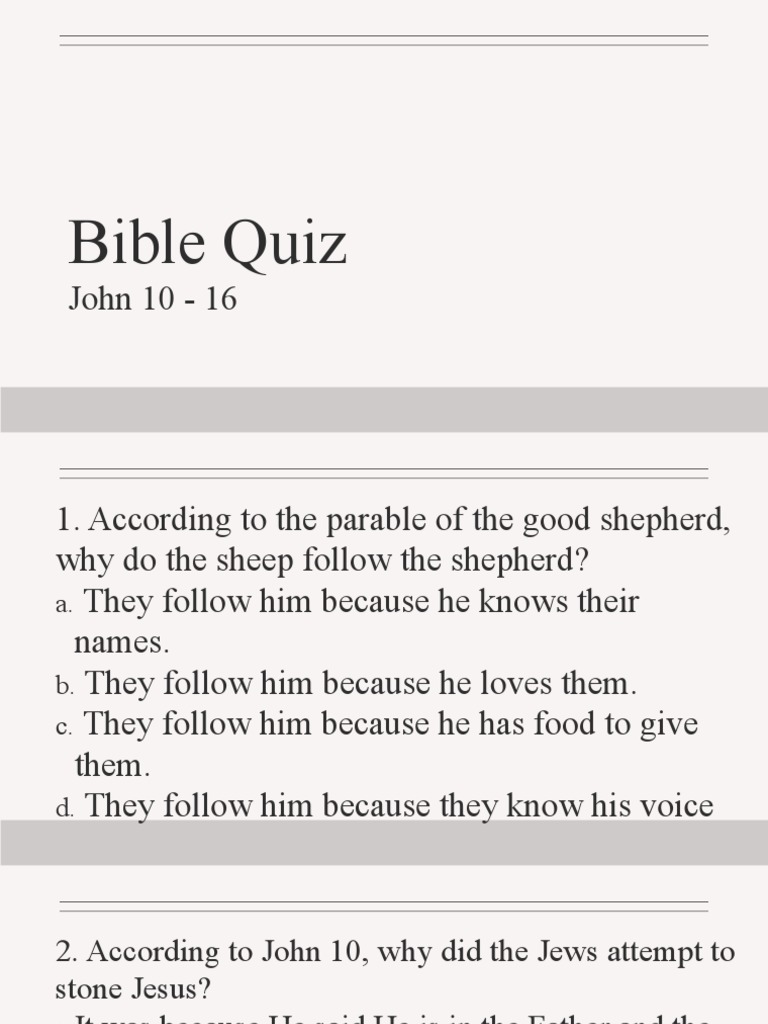 Bible Quiz: John 10-16 Questions | PDF