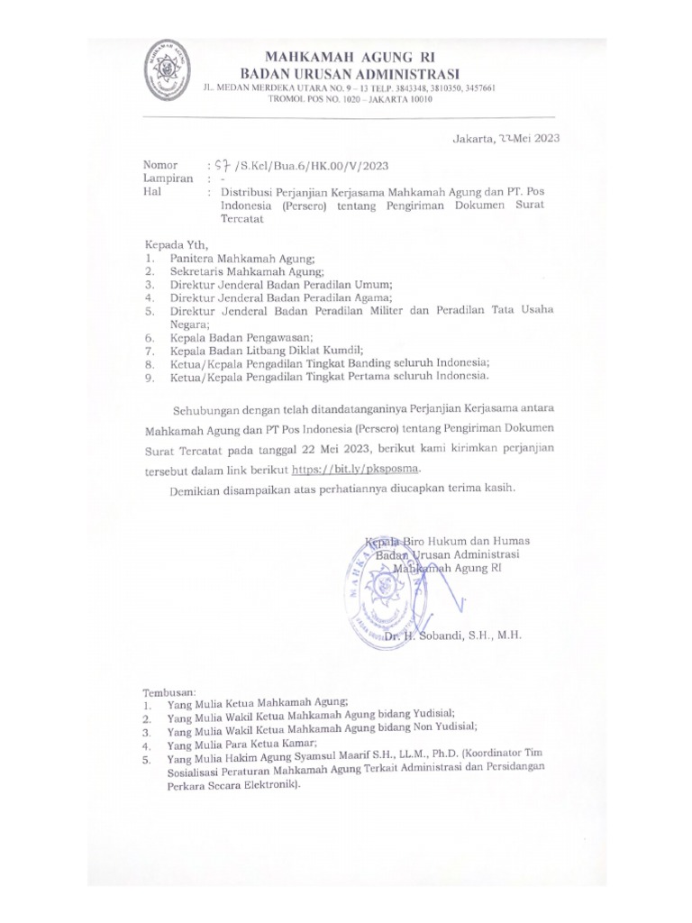 Surat Kel Distribusi Perjanjian Kerjasama Mahkamah Agung Dan PT Pos Indonesia (Persero) | PDF