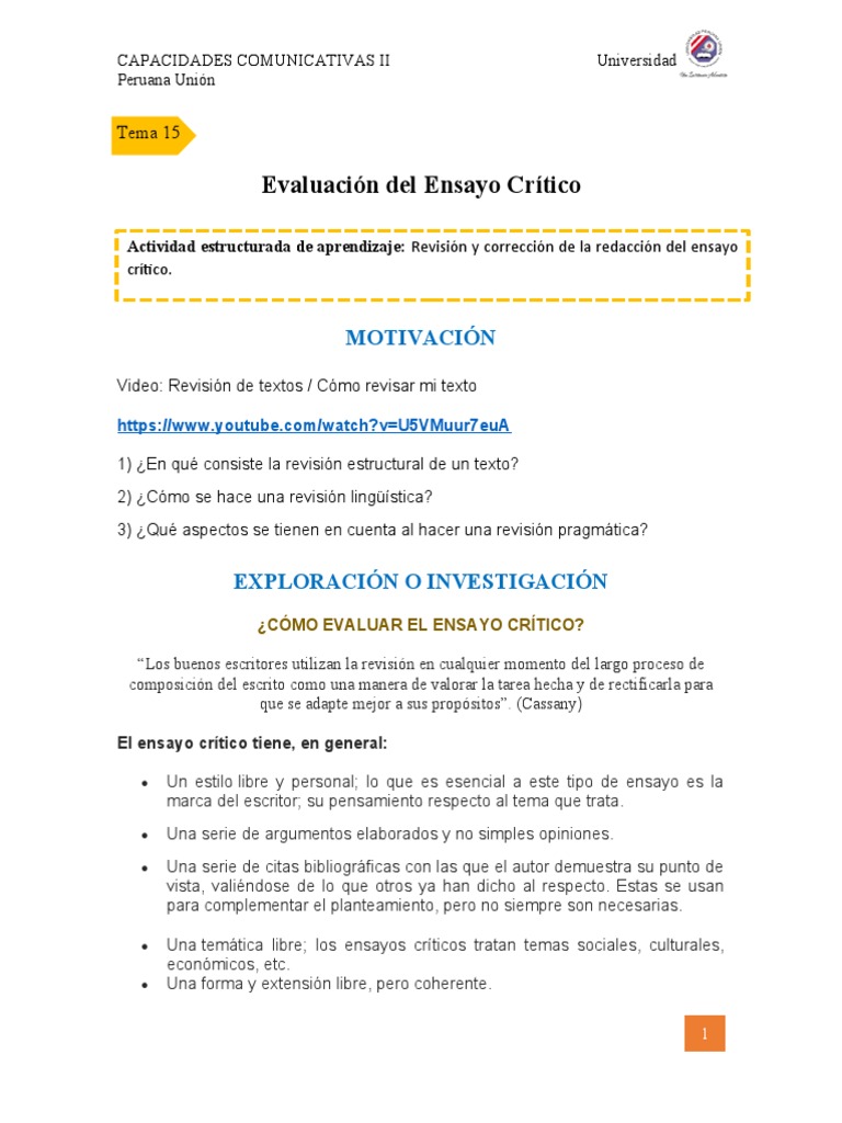 Tema 15 - Evaluación Del Ensayo Crítico | PDF