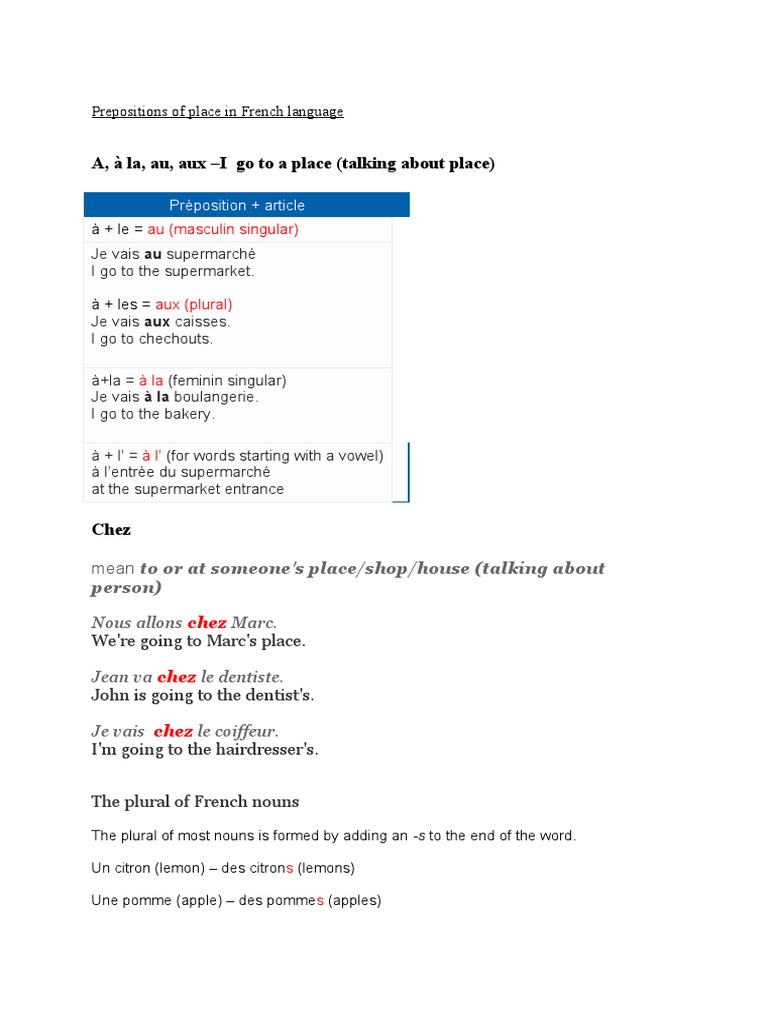 Prepositions of Place in French Language | PDF