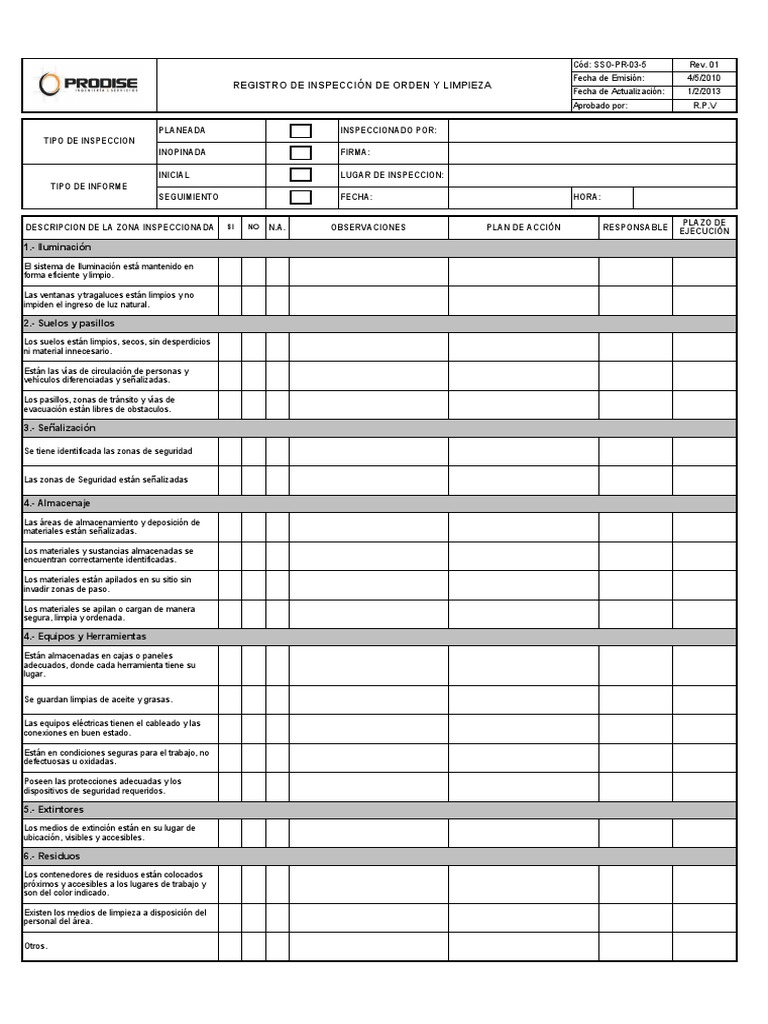 Registro de Inspección de Orden y Limpieza 2013 | PDF Registro de Inspección de Orden y Limpieza 2013 | PDF