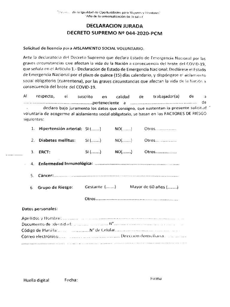 Declaracion Jurada Ds 044-2020-Hsjd | PDF