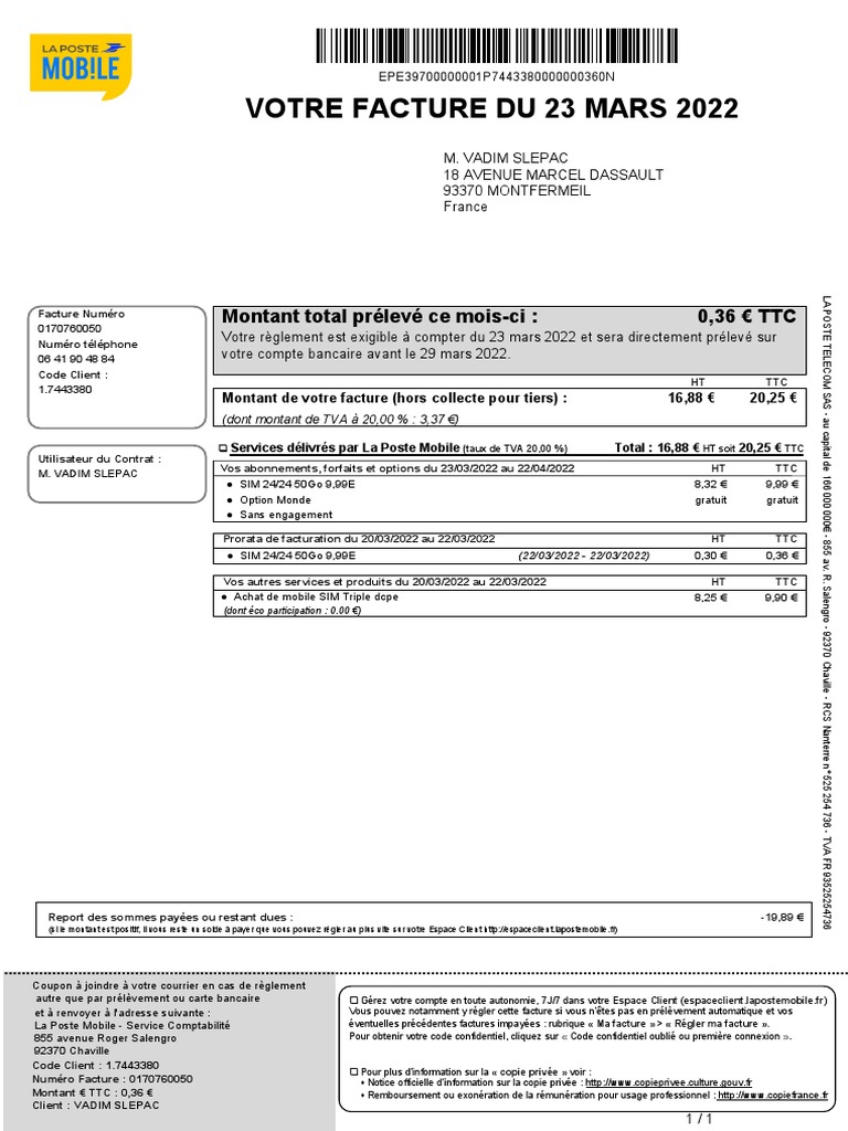 Votre Facture Du 23 Mars 2022: Montant Total Prélevé Ce Mois-Ci: 0,36 ...
