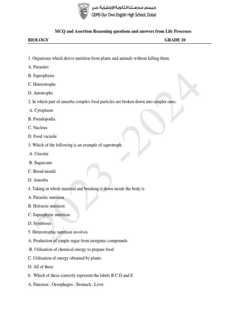 MCQ Assertion Reason - Life Processes | PDF