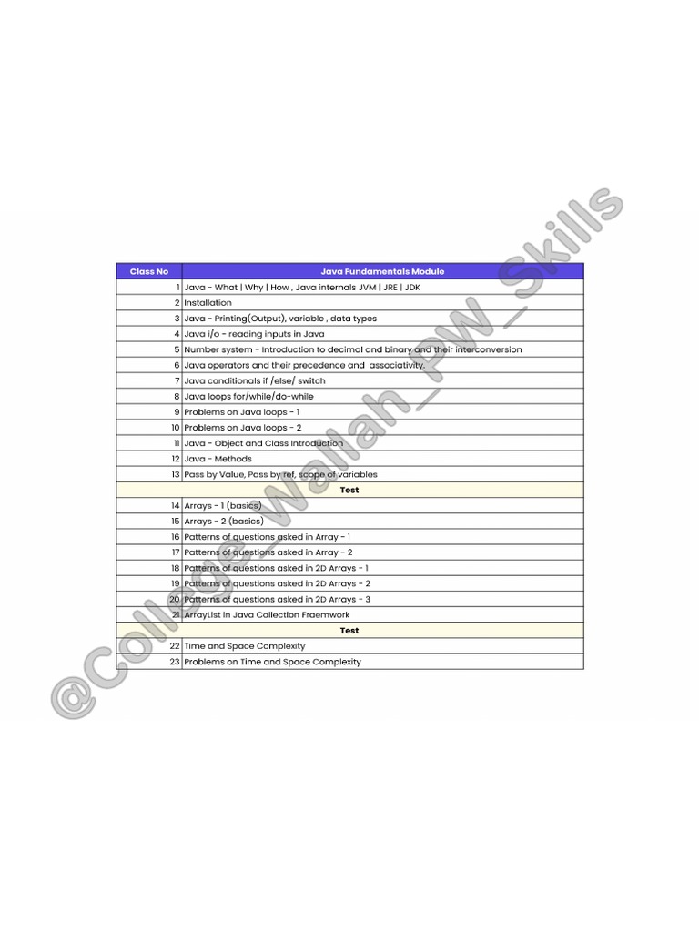 JAVA Basics Syllabus @college Wallah PW Skills | PDF