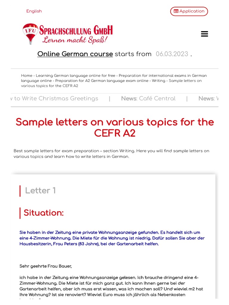 Sample letters on various topics for the CEFR A2 - IFU Sprachschule | PDF