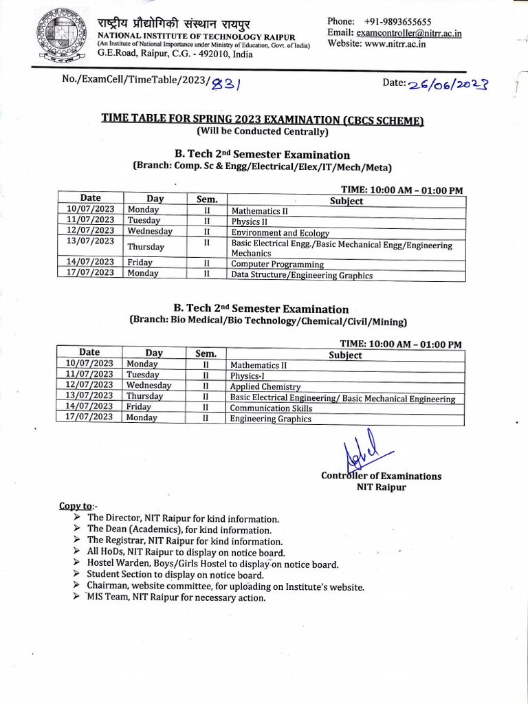 Time Table B.Tech 2nd Sem Spring 2023 | PDF | Science | Natural Sciences
