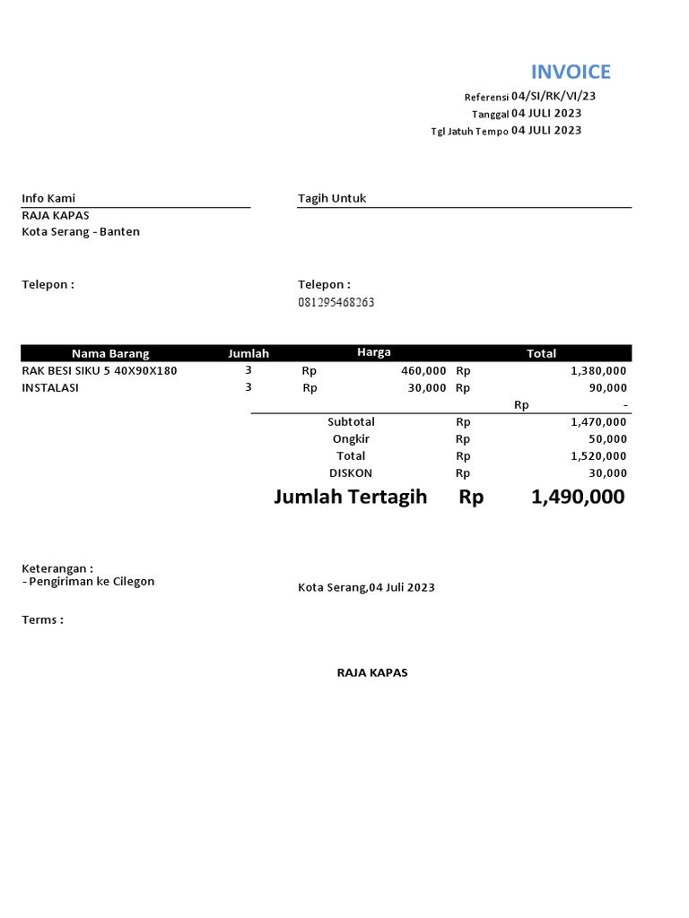 Invoice Raja Kapas 07 JULI 2023 - Rak 5 Susun | PDF