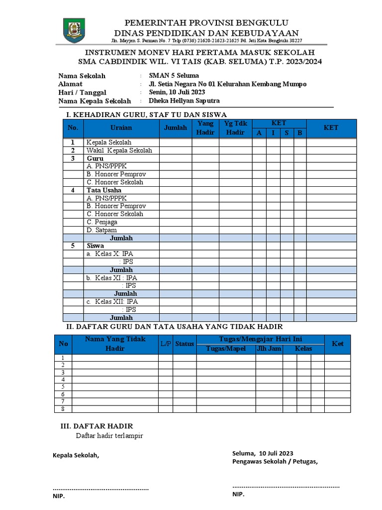 Instrumen Hari Pertama Masuk SKLH 2023-2024.rev.1 | PDF