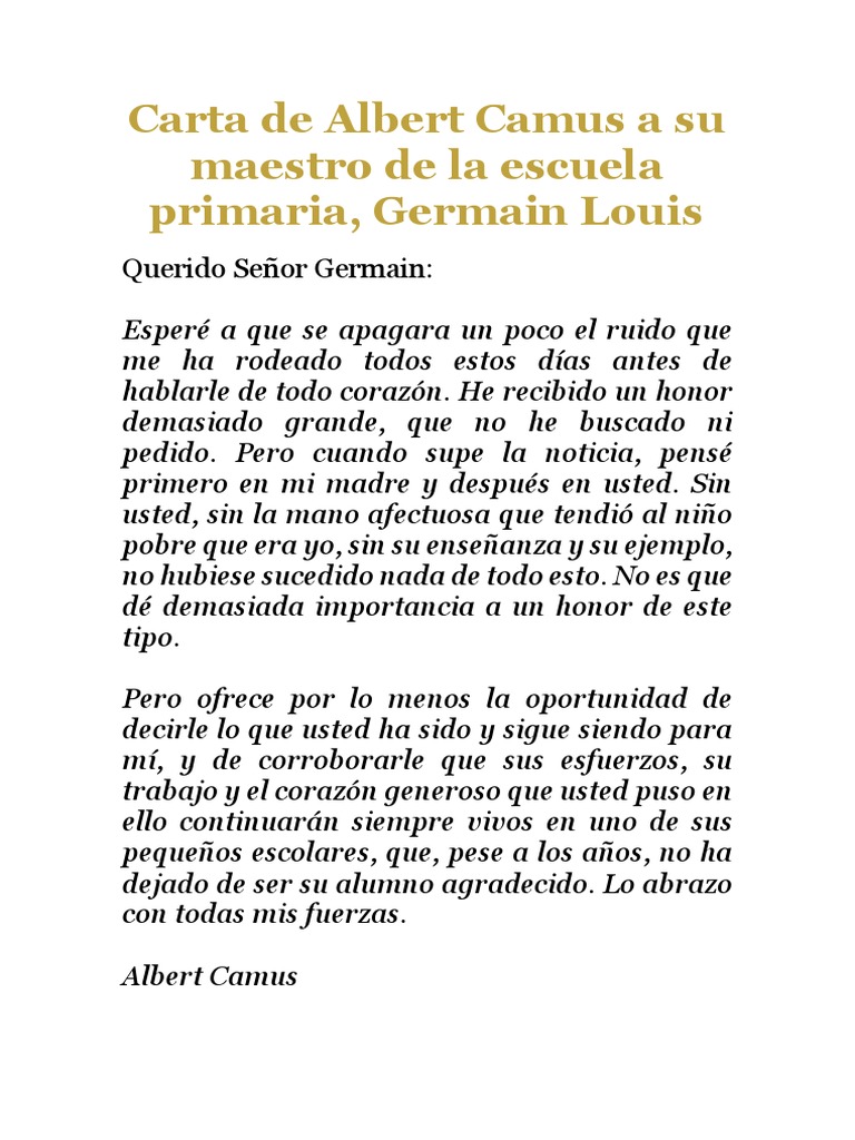 Carta de Albert Camus A Su Maestro de La Escuela Primaria | PDF | Albert Camus | Verdad
