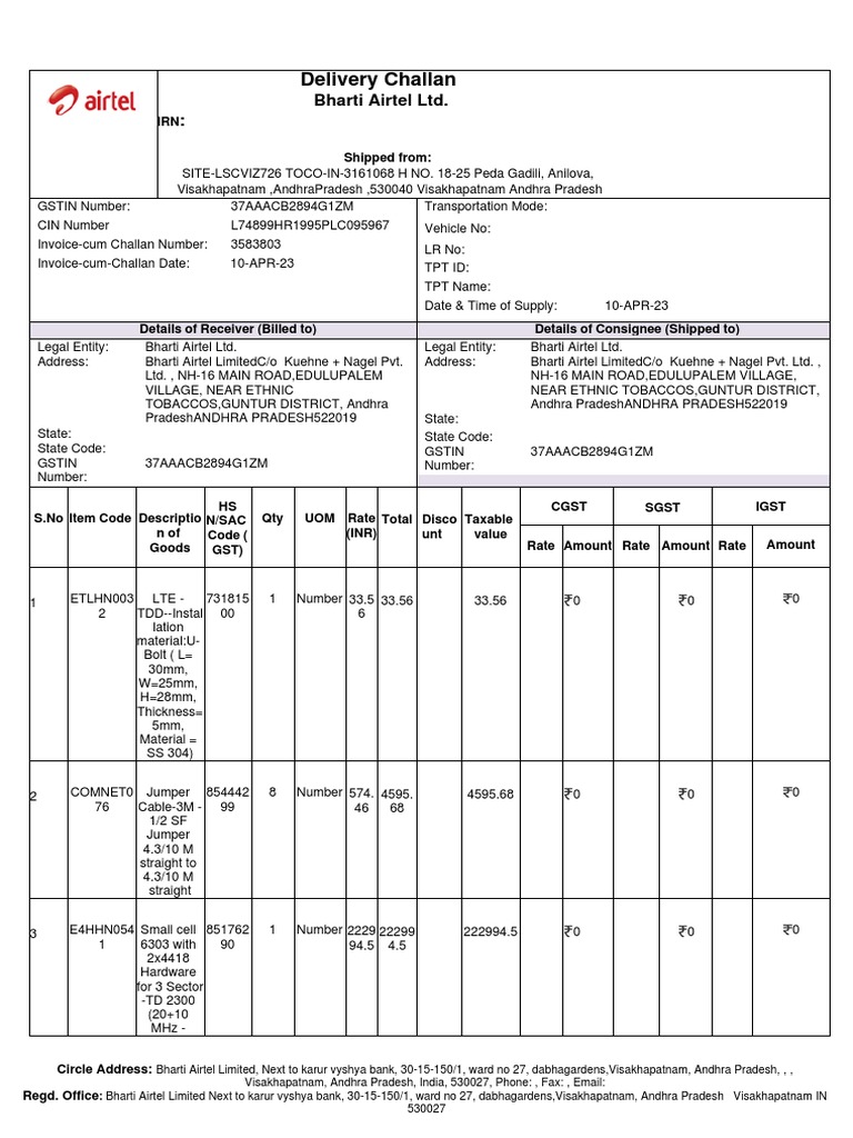 Delivery Challan: Bharti Airtel Ltd. | PDF | Lte (Telecommunication) | Electrical Connector
