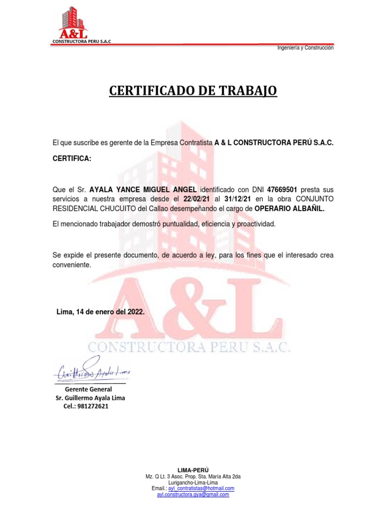 Certificado-De-Trabajo Operario Albañil | PDF