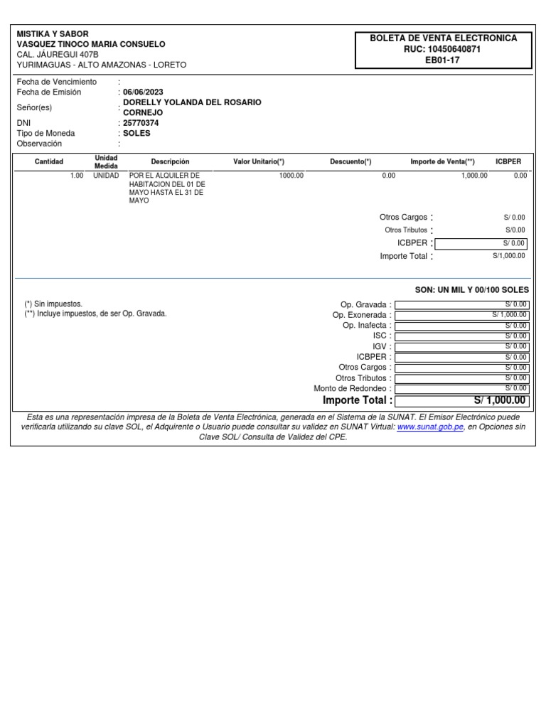 Boleta de Venta Electrónica de Alquiler | PDF